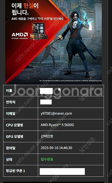 P의거짓 Amd리워드쿠폰 판매합니다 게임타이틀 중고나라